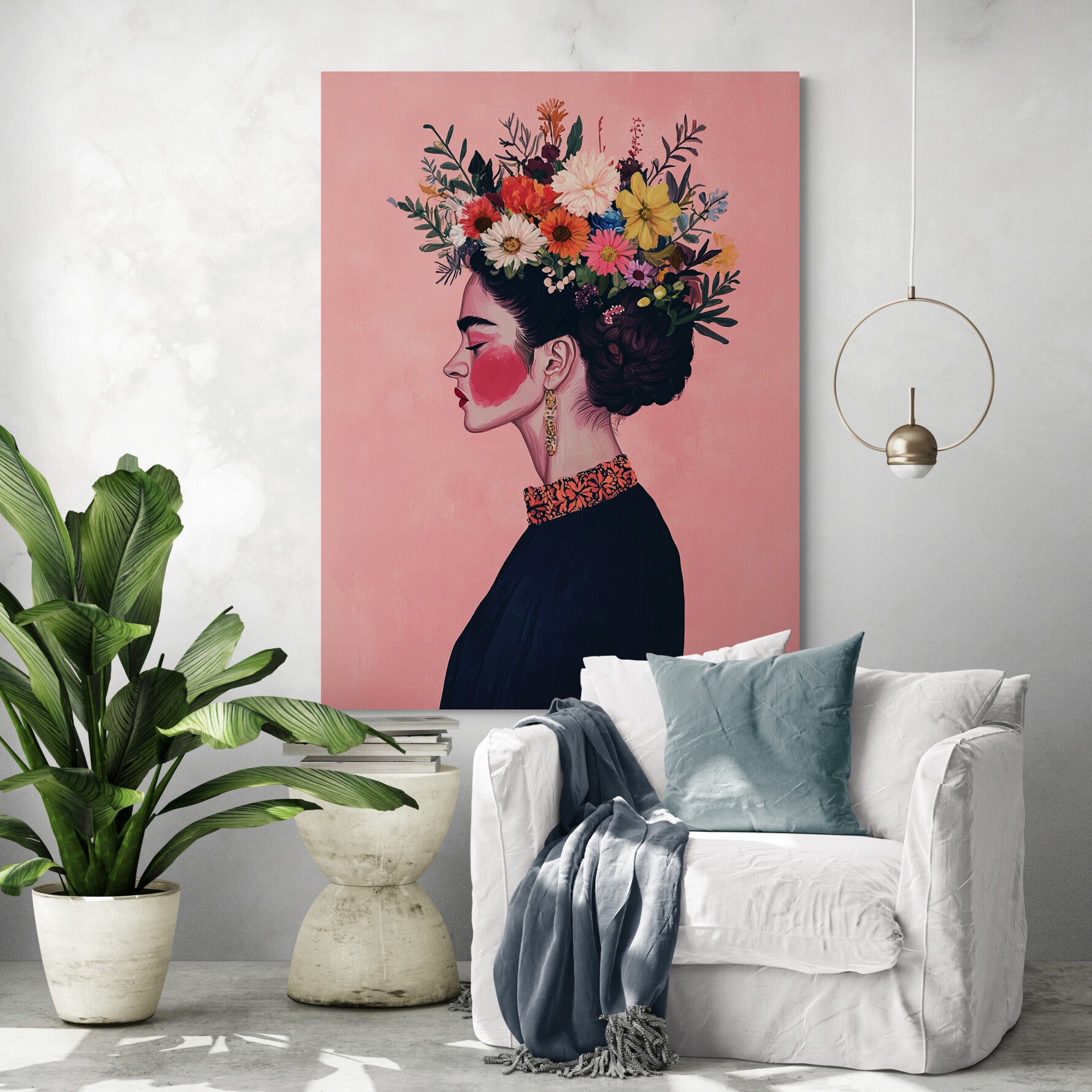 Toile portrait artiste Frida Kahlo Fleurs – fleurs sur fond rose ...